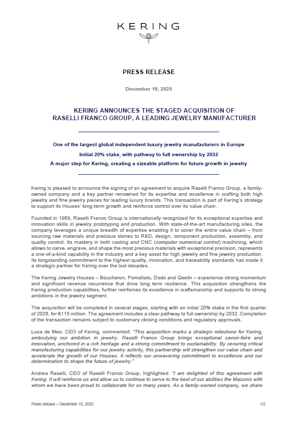 Kering announces the staged acquisition of Raselli Franco Group, a ...