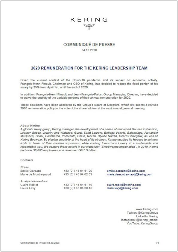 2020 remuneration for the Kering leadership team | Kering