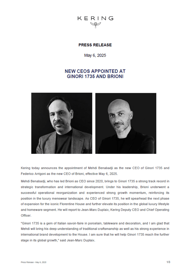 New CEOs appointed at Ginori 1735 and Brioni | Kering