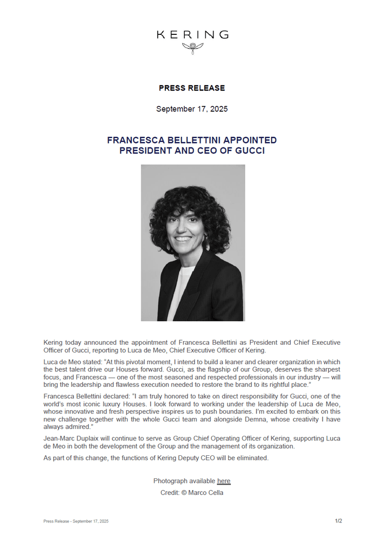 Francesca Bellettini appointed President and CEO of Gucci | Kering
