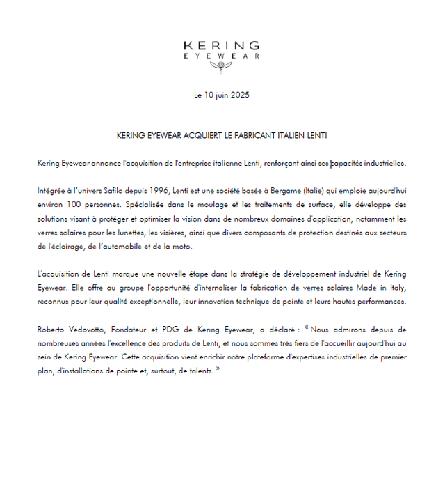 Kering Eyewear acquiert le fabricant italien Lenti | Kering