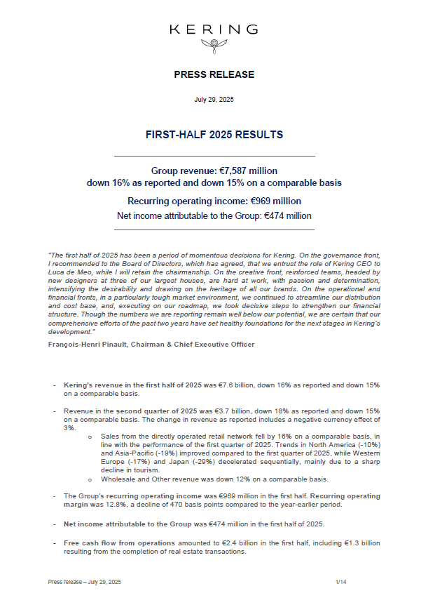 First-half 2025 Results | Kering