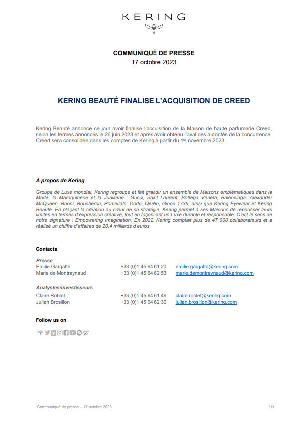 Kering Beauté finalise l'acquisition de Creed | Kering