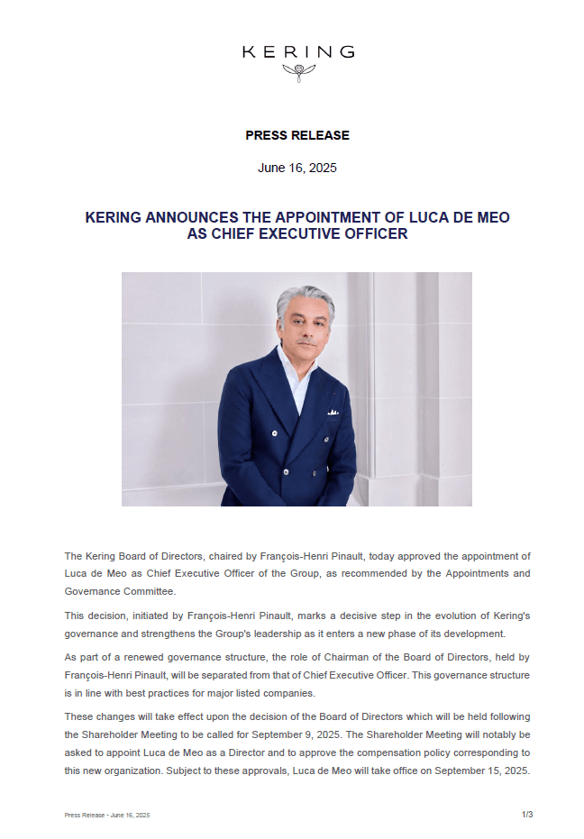 Kering announces the appointment of Luca de Meo as Chief Executive ...