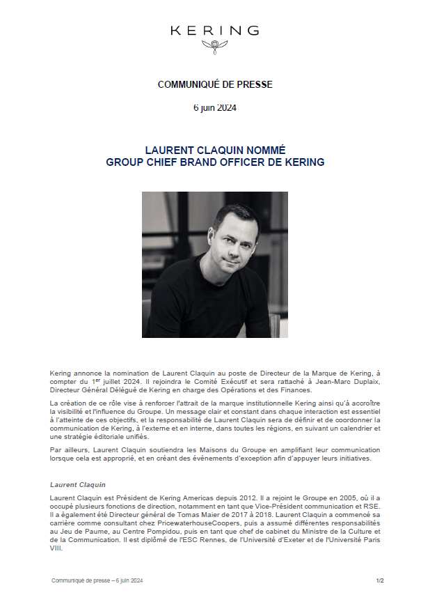 Laurent Claquin nommé Group Chief Brand Officer de Kering | Kering